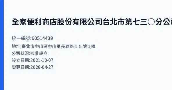 全家便利商店股份有限公司台北市第七三○分公司的照片-統編 90514439(臺北市) 公司登記資料與營業項目詳細圖表