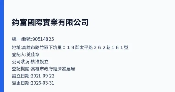 鈞富國際實業有限公司的照片-統編 90514825(高雄市) 公司登記資料與營業項目詳細圖表