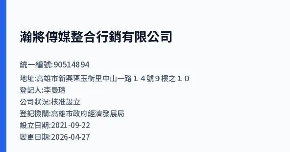 瀚將傳媒整合行銷有限公司的照片-統編 90514894(高雄市) 公司登記資料與營業項目詳細圖表