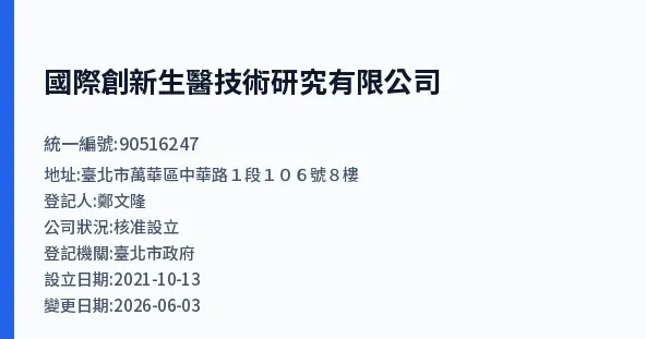 國際創新生醫技術研究有限公司的照片-統編 90516247(臺北市) 公司登記資料與營業項目詳細圖表