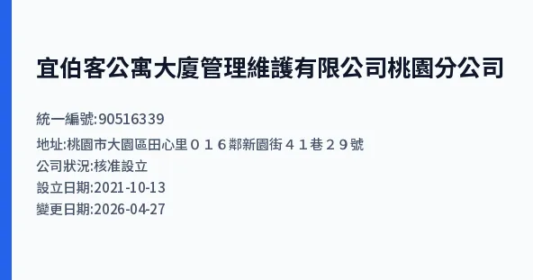 宜伯客公寓大廈管理維護有限公司桃園分公司的照片-統編 90516339(桃園市) 公司登記資料與營業項目詳細圖表