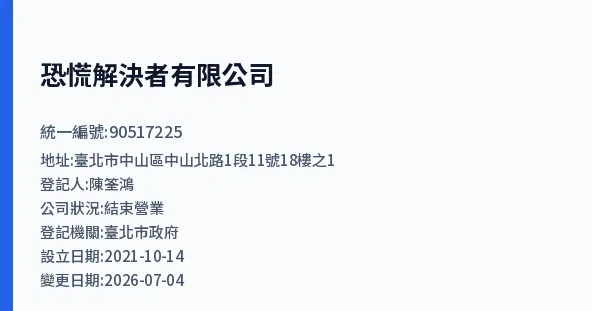 恐慌解決者有限公司的照片-統編 90517225(臺北市) 公司登記資料與營業項目詳細圖表