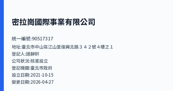 密拉崗國際事業有限公司的照片-統編 90517317(臺北市) 公司登記資料與營業項目詳細圖表