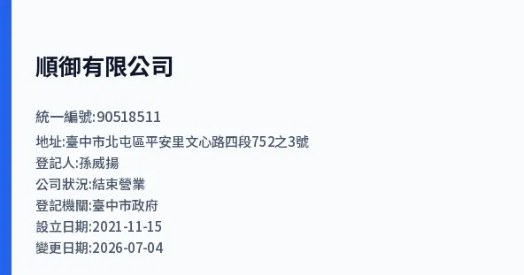 順御有限公司的照片-統編 90518511(臺中市) 公司登記資料與營業項目詳細圖表