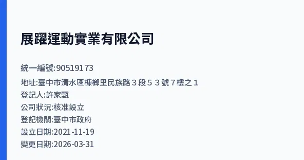展躍運動實業有限公司的照片-統編 90519173(臺中市) 公司登記資料與營業項目詳細圖表