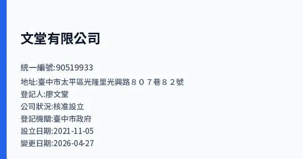 文堂有限公司的照片-統編 90519933(臺中市) 公司登記資料與營業項目詳細圖表