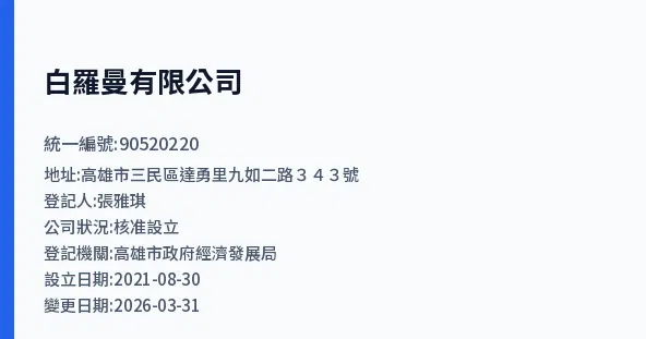 白羅曼有限公司的照片-統編 90520220(高雄市) 公司登記資料與營業項目詳細圖表