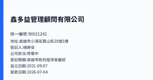 鑫多益管理顧問有限公司的照片-統編 90521261(高雄市) 公司登記資料與營業項目詳細圖表
