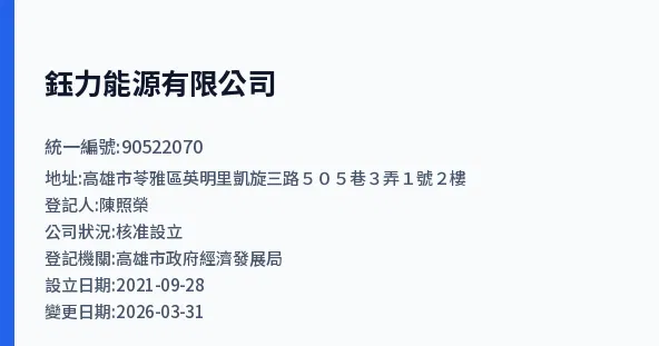 鈺力能源有限公司的照片-統編 90522070(高雄市) 公司登記資料與營業項目詳細圖表