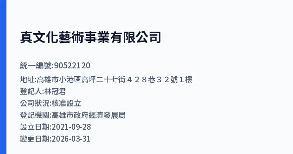 真文化藝術事業有限公司的照片-統編 90522120(高雄市) 公司登記資料與營業項目詳細圖表