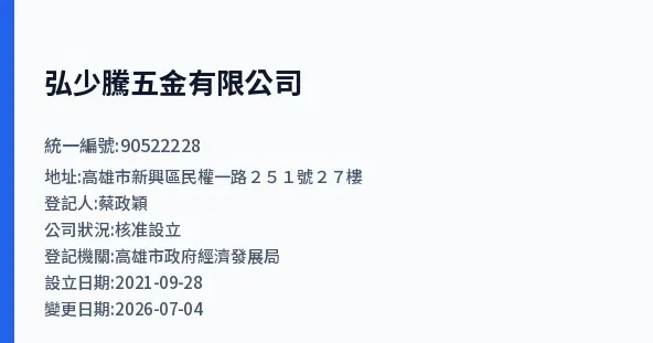 弘少騰五金有限公司的照片-統編 90522228(高雄市) 公司登記資料與營業項目詳細圖表