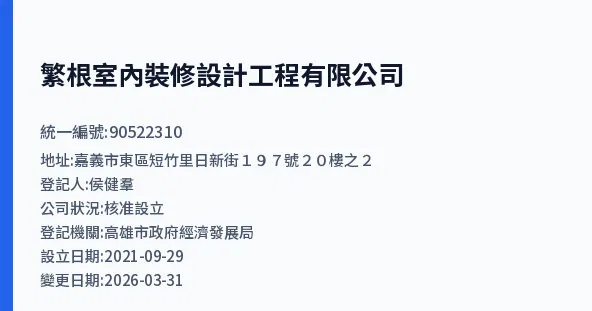 繁根室內裝修設計工程有限公司的照片-統編 90522310(嘉義市) 公司登記資料與營業項目詳細圖表