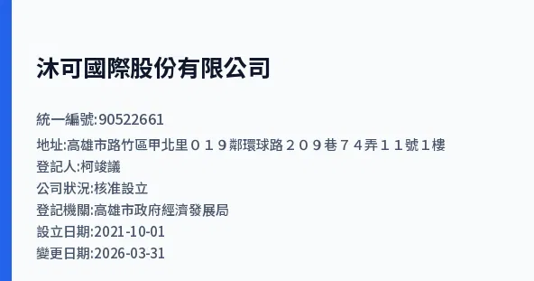 沐可國際股份有限公司的照片-統編 90522661(高雄市) 公司登記資料與營業項目詳細圖表