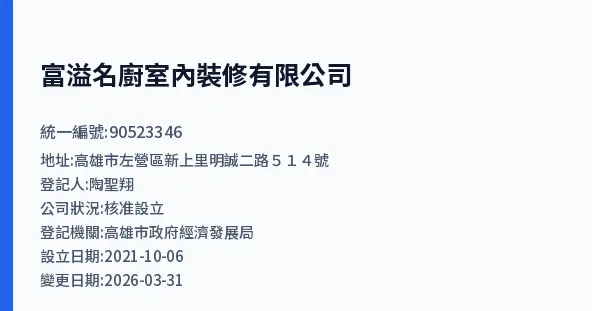 富溢名廚室內裝修有限公司的照片-統編 90523346(高雄市) 公司登記資料與營業項目詳細圖表