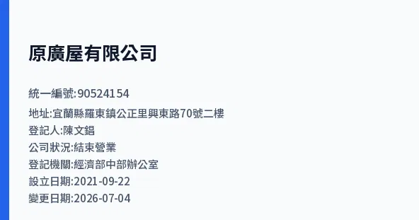原廣屋有限公司的照片-統編 90524154(宜蘭縣) 公司登記資料與營業項目詳細圖表