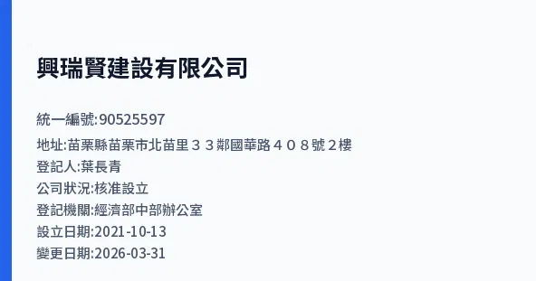 興瑞賢建設有限公司的照片-統編 90525597(苗栗縣) 公司登記資料與營業項目詳細圖表