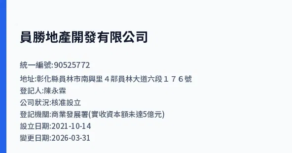 員勝地產開發有限公司的照片-統編 90525772(彰化縣) 公司登記資料與營業項目詳細圖表