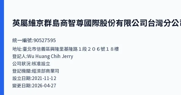 英屬維京群島商智尊國際股份有限公司台灣分公司的照片-統編 90527595(臺北市) 公司登記資料與營業項目詳細圖表