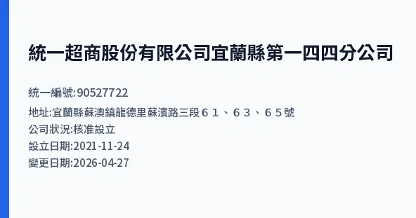 統一超商股份有限公司宜蘭縣第一四四分公司的照片-統編 90527722(宜蘭縣) 公司登記資料與營業項目詳細圖表