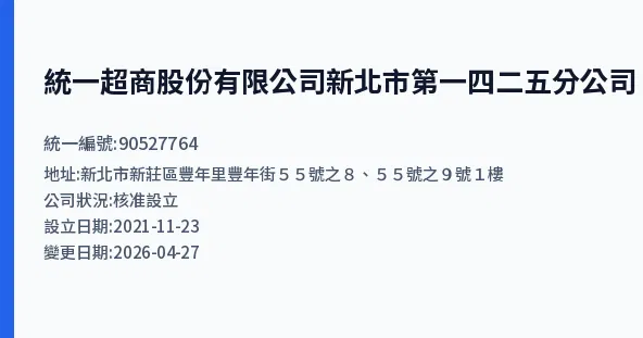 統一超商股份有限公司新北市第一四二五分公司的照片-統編 90527764(新北市) 公司登記資料與營業項目詳細圖表
