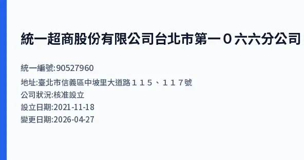 統一超商股份有限公司台北市第一0六六分公司的照片-統編 90527960(臺北市) 公司登記資料與營業項目詳細圖表