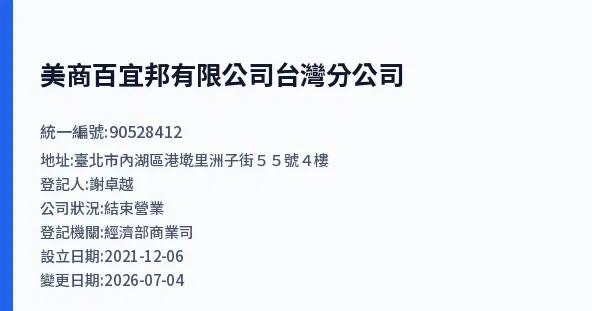 美商百宜邦有限公司台灣分公司的照片-統編 90528412(臺北市) 公司登記資料與營業項目詳細圖表