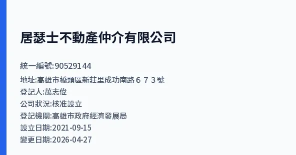 居瑟士不動產仲介有限公司的照片-統編 90529144(高雄市) 公司登記資料與營業項目詳細圖表