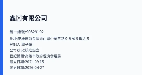 鑫纅有限公司的照片-統編 90529192(高雄市) 公司登記資料與營業項目詳細圖表
