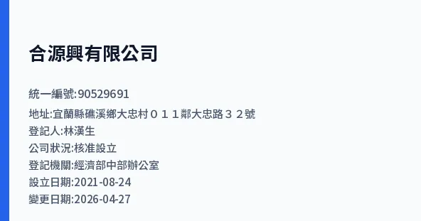 合源興有限公司的照片-統編 90529691(宜蘭縣) 公司登記資料與營業項目詳細圖表