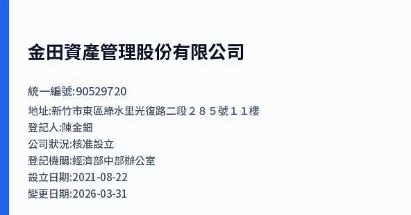 金田資產管理股份有限公司的照片-統編 90529720(新竹市) 公司登記資料與營業項目詳細圖表