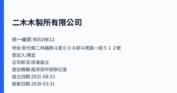 二木木製所有限公司的照片-統編 90529812(彰化縣) 公司登記資料與營業項目詳細圖表