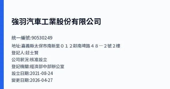 強羽汽車工業股份有限公司的照片-統編 90530249(嘉義縣) 公司登記資料與營業項目詳細圖表