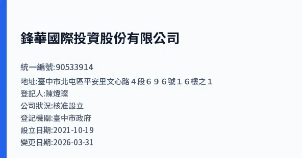 鋒華國際投資股份有限公司的照片-統編 90533914(臺中市) 公司登記資料與營業項目詳細圖表
