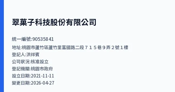 翠菓子科技股份有限公司的照片-統編 90535841(桃園市) 公司登記資料與營業項目詳細圖表