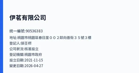 伊茗有限公司的照片-統編 90536383(桃園市) 公司登記資料與營業項目詳細圖表
