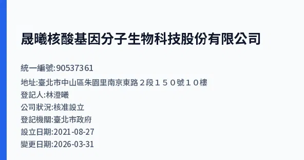 晟曦核酸基因分子生物科技股份有限公司的照片-統編 90537361(臺北市) 公司登記資料與營業項目詳細圖表