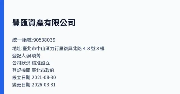 豐匯資產有限公司的照片-統編 90538039(臺北市) 公司登記資料與營業項目詳細圖表