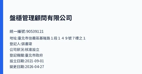 盤穩管理顧問有限公司的照片-統編 90539121(臺北市) 公司登記資料與營業項目詳細圖表
