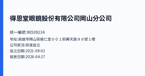 得恩堂眼鏡股份有限公司岡山分公司的照片-統編 90539234(高雄市) 公司登記資料與營業項目詳細圖表