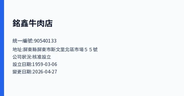 銘鑫牛肉店的照片-統編 90540133(屏東縣) 公司登記資料與營業項目詳細圖表