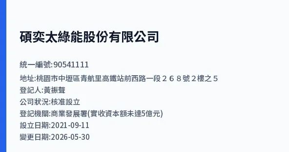 碩奕太綠能股份有限公司的照片-統編 90541111(桃園市) 公司登記資料與營業項目詳細圖表