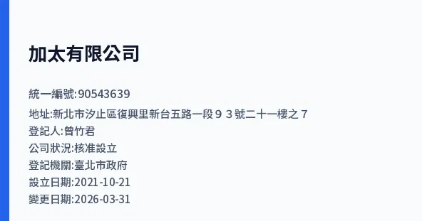 加太有限公司的照片-統編 90543639(新北市) 公司登記資料與營業項目詳細圖表