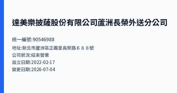 達美樂披薩股份有限公司蘆洲長榮外送分公司的照片-統編 90546988(新北市) 公司登記資料與營業項目詳細圖表