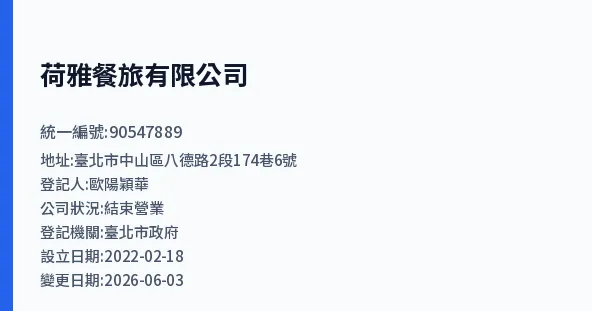 荷雅餐旅有限公司的照片-統編 90547889(臺北市) 公司登記資料與營業項目詳細圖表