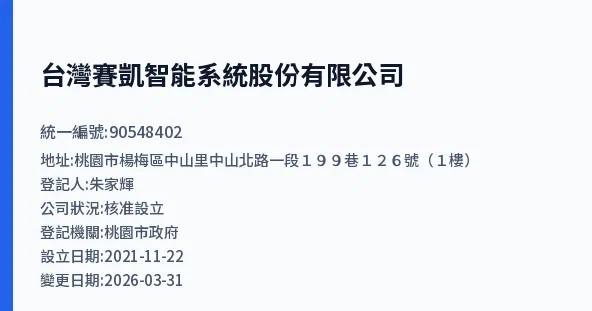 台灣賽凱智能系統股份有限公司的照片-統編 90548402(桃園市) 公司登記資料與營業項目詳細圖表