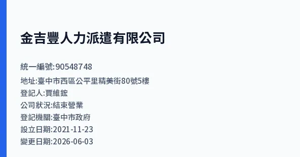 金吉豐人力派遣有限公司的照片-統編 90548748(臺中市) 公司登記資料與營業項目詳細圖表