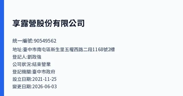享露營股份有限公司的照片-統編 90549562(臺中市) 公司登記資料與營業項目詳細圖表