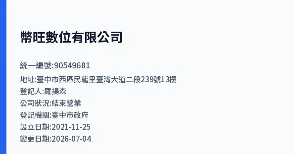 幣旺數位有限公司的照片-統編 90549681(臺中市) 公司登記資料與營業項目詳細圖表