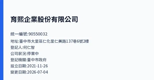 育熙企業股份有限公司的照片-統編 90550032(臺中市) 公司登記資料與營業項目詳細圖表