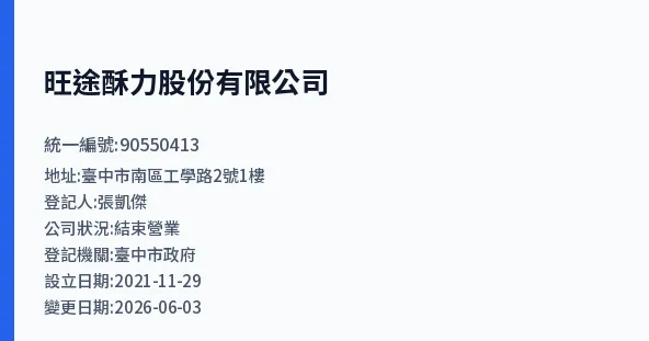 旺途酥力股份有限公司的照片-統編 90550413(臺中市) 公司登記資料與營業項目詳細圖表